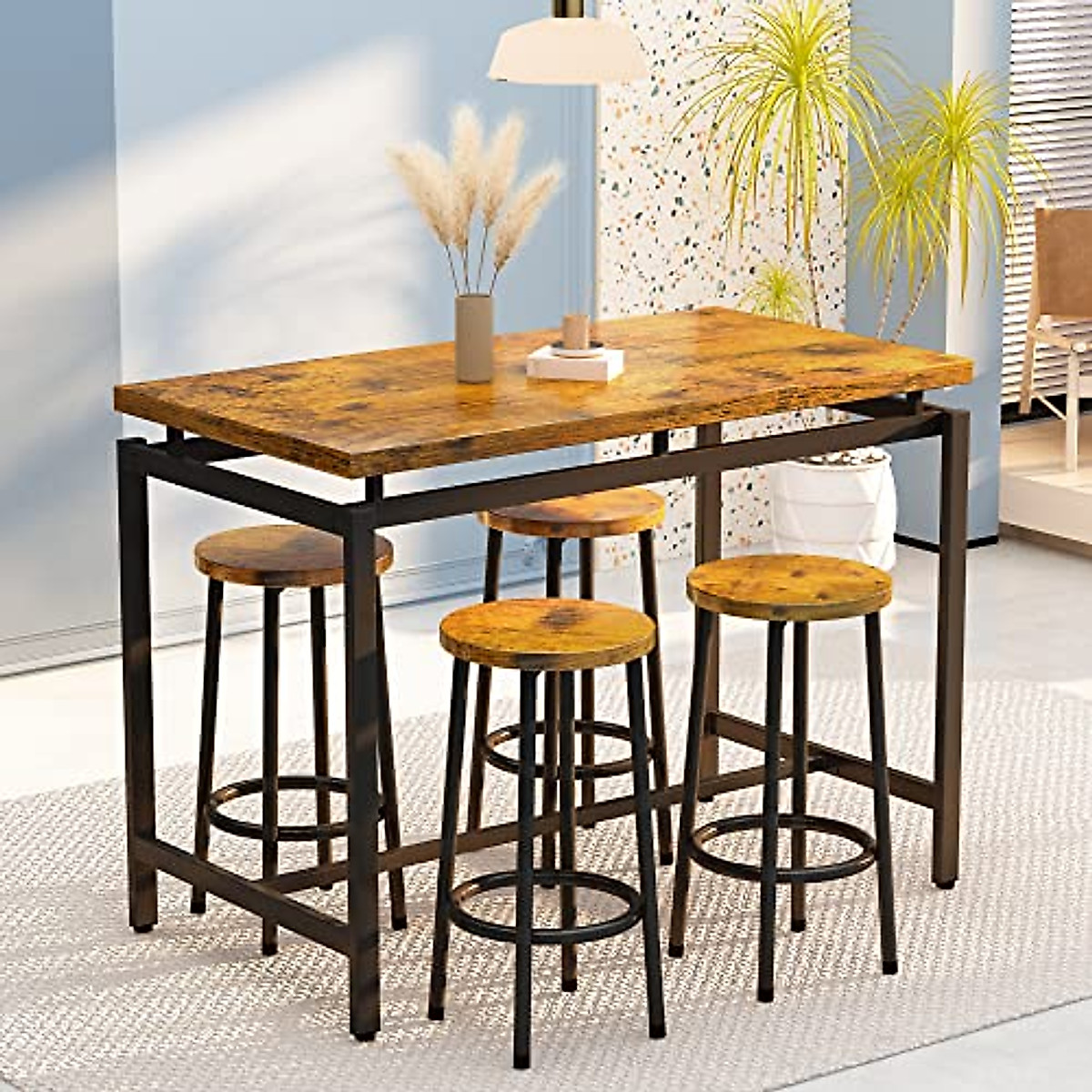 AWQM Bar Table and Chairs Set Industrial Counter Height Pub Table with 4 Chairs Bar Table Set 5 Pieces Dining Table Set Home Kitchen Breakfast Table, Black and Industrial Brown