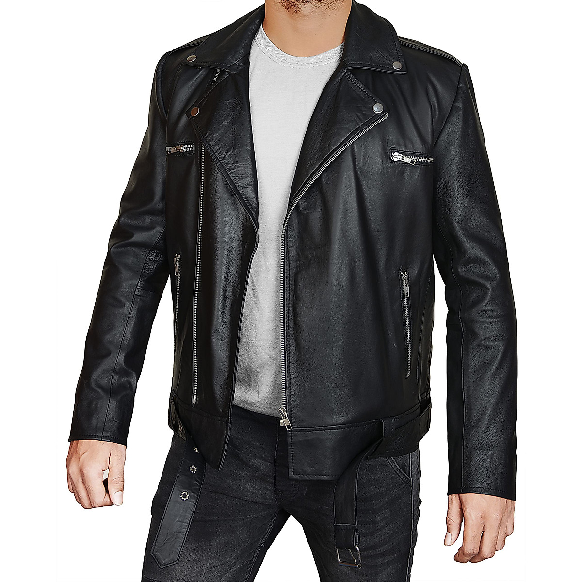 Prime-Fashion Men's Negan Walking S7 Black Brando Jeffrey Dean Morgan Motorcycle Slim Fit Genuine Leather Biker Jacket