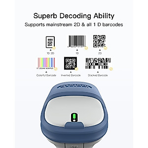 Inateck Bluetooth Barcode Scanner, 2D Wireless Barcode Scanner, Bluetooth 5.0 and 2.4Ghz Adapter, 3 in 1 Reader, Support GS1 Barcode, BCST-73 Blue White