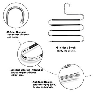 T-rainbow Non-Slip Space Saving Pants Hangers, S-Shaped Stainless Steel Closet Organizer, 5 Layers Multi-Purpose Storage Saver, Clothes Hanger Rack for Scarf Tie Jean Trouser Towel 4 Pack