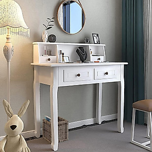 DMAITH Small Writing Desk with Hutch, 32 Inch Home Office Desk with Drawers, Study Table Computer Desk for Student, Vanity Makeup Dressing Table Save Space for Bedroom, White