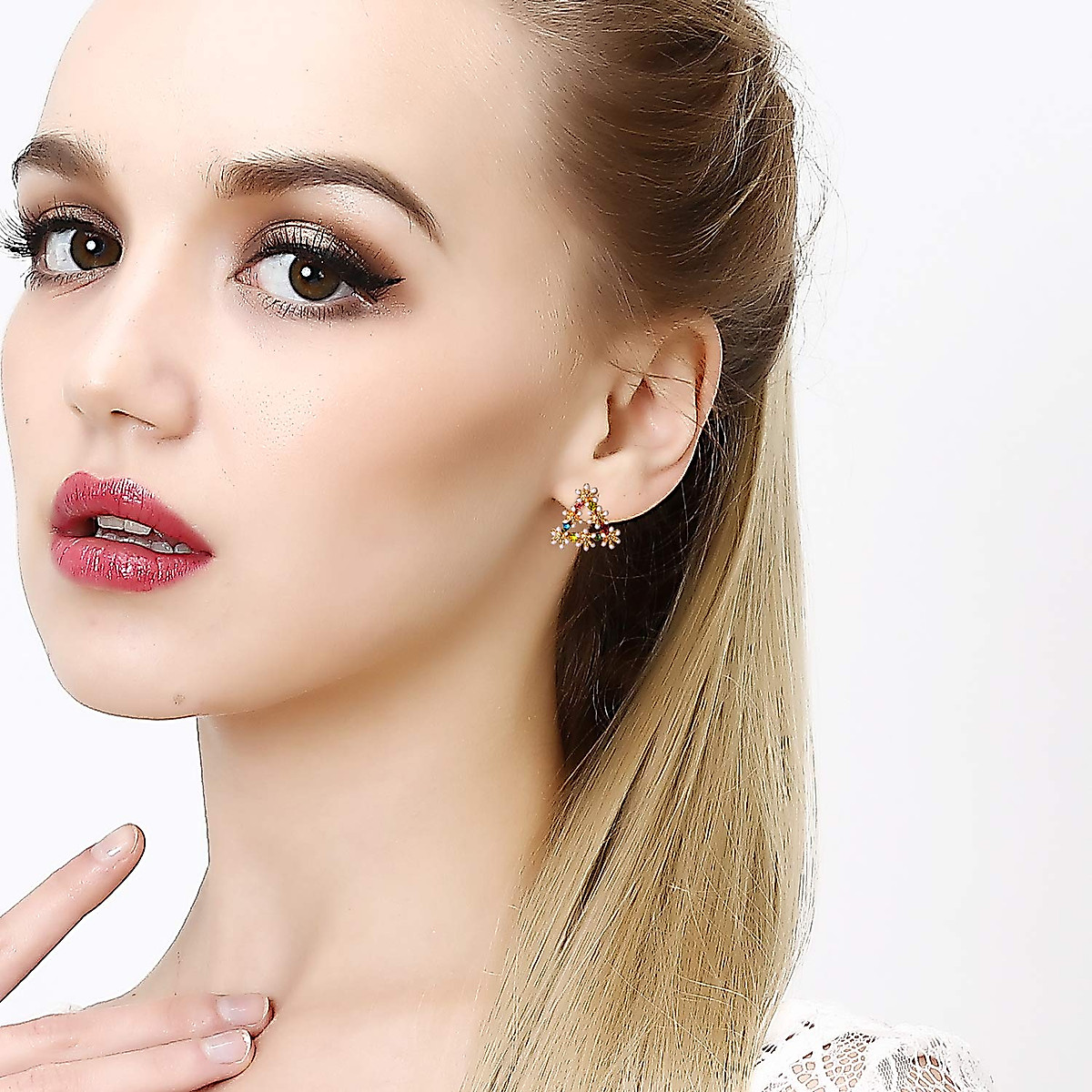 Stainless Steel 15 Paris Chic Folwer Stud Earrings with Colorful CZ Crystal for Teens Girls Women - Floral Patterns Design Multicolor Cubic Zirconia Jacket Stud Earrings Jewelry Set (#2-15 pairs)