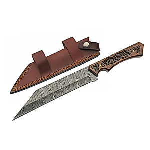 SZCO Supplies 12.25” Full Tang Celtic Handle Damascus Steel Reverse Tanto Seax Knife With Leather Sheath, Brown (DM-1300)