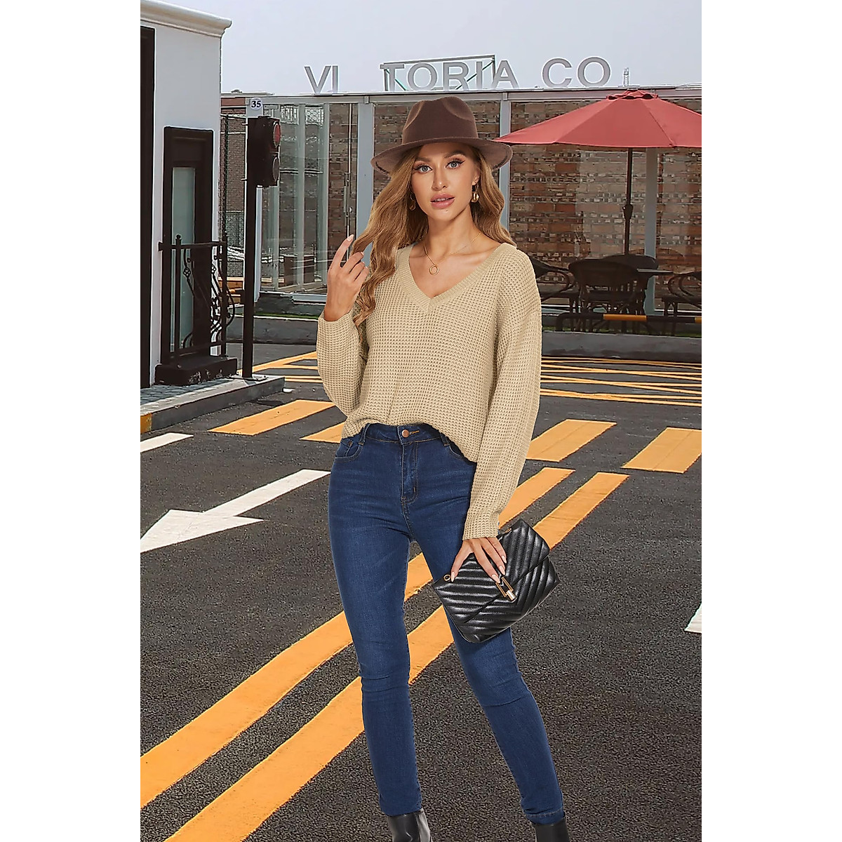 Women's Cropoed Sweaters V Neck Long Sleeve Waffle Knit Tops Casual Solid Crop Pullover Sweaters Beige XS