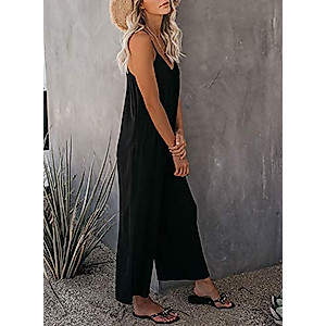 Dokotoo Women's Loose Plus Size Black Jumpsuits for Women Adjustable Spaghetti Strap Stretchy Wide Leg Solid One Piece Sleeveless Long Pant Romper Jumpsuit with Pockets 2XLarge