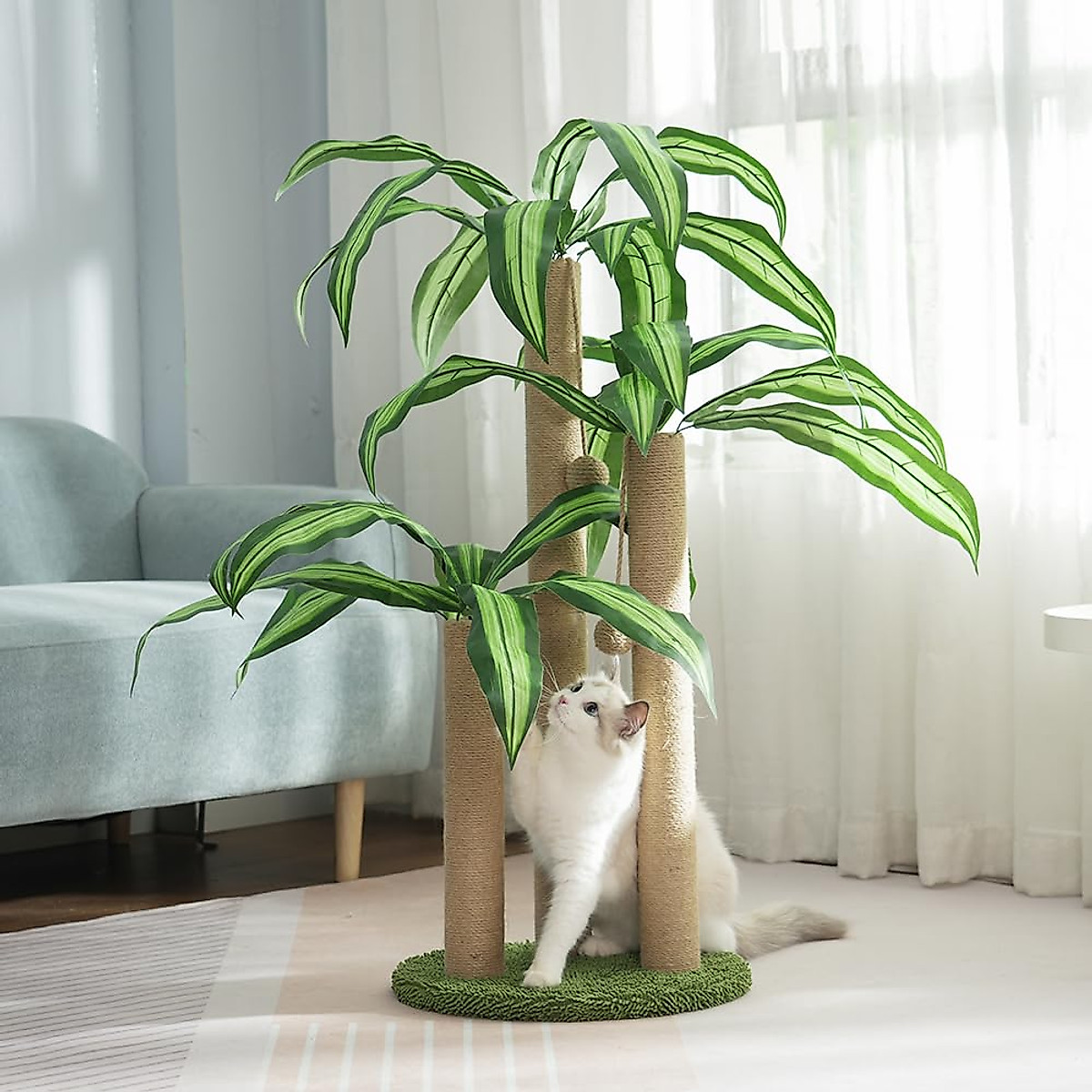 LEMONDA 31.5Inch Cat Scratching Post,Cat Scratcher Tree with 3 Scratching Poles & 2 Interactive Dangling Balls,Cats Scratching Posts for Indoor Kitten & Adult Cats