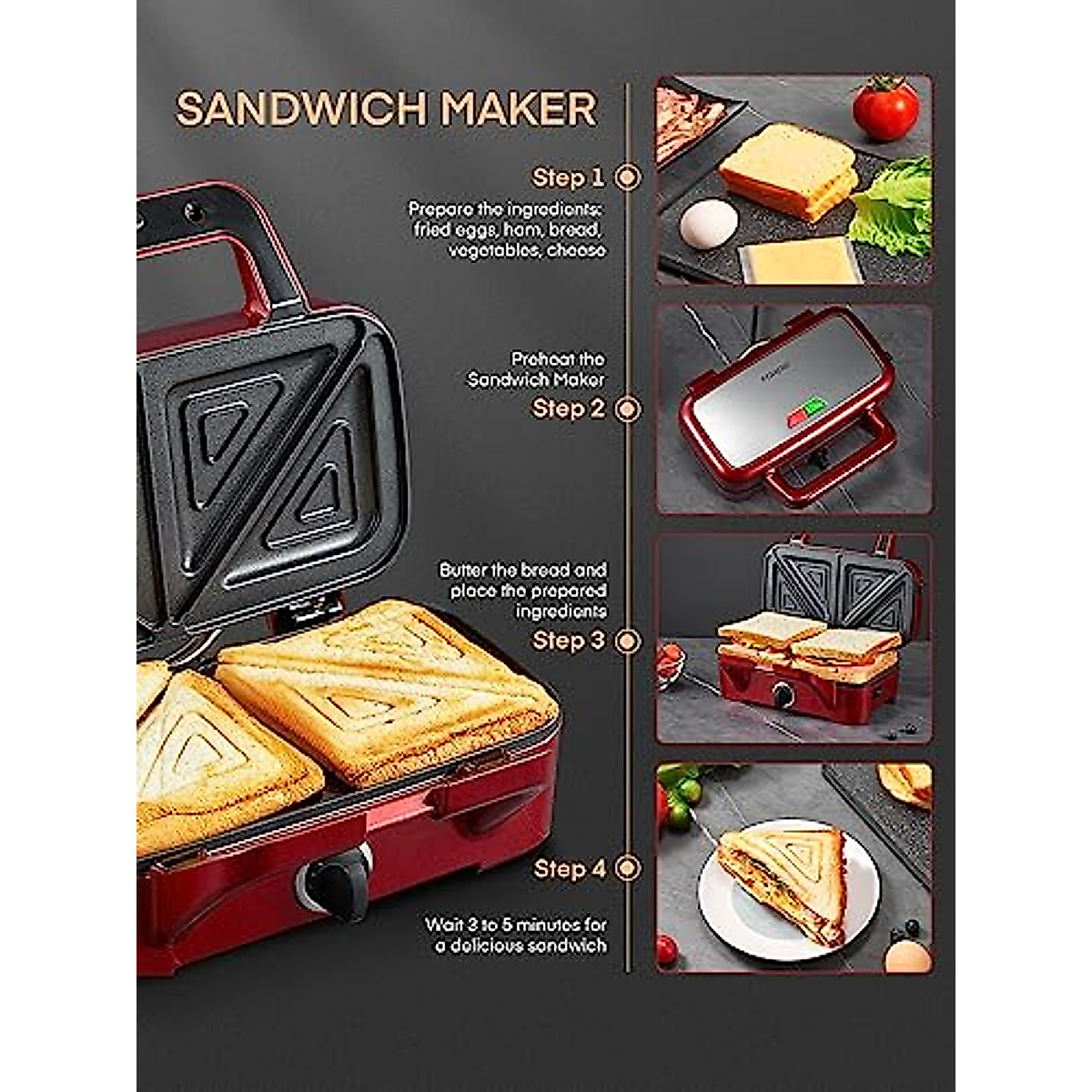 FOHERE Waffle Maker 3 in 1 Sandwich Maker 1200W Panini Press With Removable Plates and 5-gear Temperature Control, Non-stick Coating Easy to Clean,Indicator Lights, Red