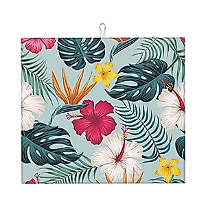 hojas tropicales y flores Printed Drying Mat For Kitchen Ultra Absorbent Microfiber Dishes Drainer Mats Non-Slip Silicone Quick Dry Pad - 18 X 16inch