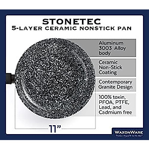 WaxonWare 11 Inch Ceramic Nonstick Frying Pan/Nonstick Skillet, Large Anti-Warp Non-Toxic PTFE PFOA Free Granite Nonstick Pan, Induction Cooking Compatible, Non-Stick Egg Frying Pan- STONETEC Series