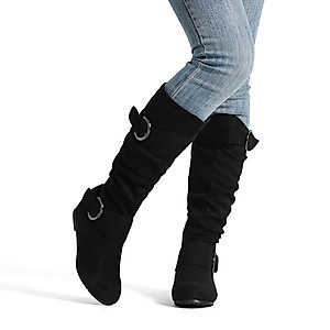 DREAM PAIRS Women's Knee High Low Hidden Wedge Boots Suede Faux Fur Lining Side Zipper Knee High Boots,Size 10,Black/Suede,URA