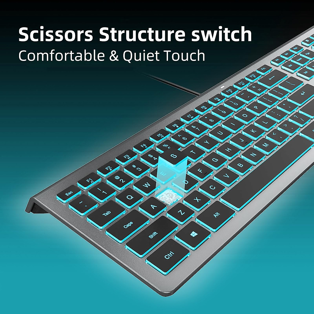 B.FRIENDIT Backlit Wired USB Keyboard, Comfortable Quiet, Low Profile Flat Chocolate/Scissor Keys, Durable Ultra-Slim for Windows 11/10/8/7/Vista Desktop PC, Laptop - Silver Black