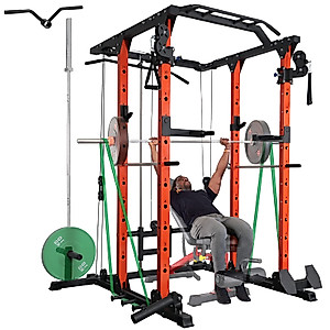 ER KANG Fitness Power Cage, Cable Crossover Machine with LAT Pull Down Bar, T Bar, Cable Bar/Handle for Home Gym Strength Training Orange