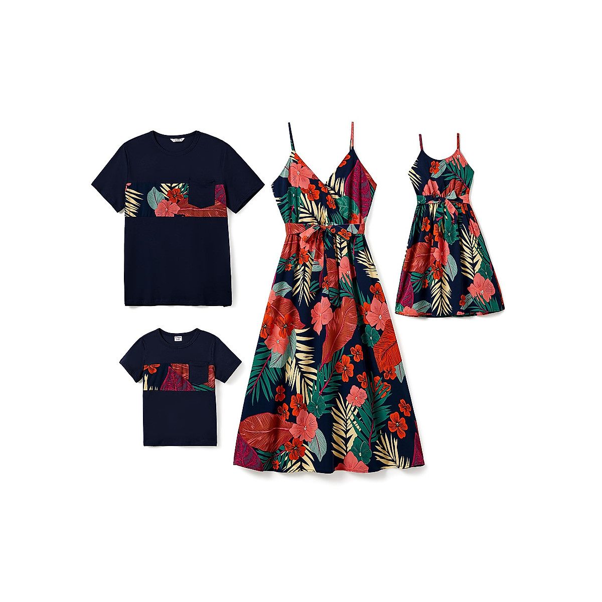 PATPAT Family Matching Outfits Mommy and Me Dresses Matching Set Tropical Floral Palm Leaf Print Sun Maxi Dresses Matching Hawaiian Outfits for Couples Vacation Beach Red Floral Outfit for Women M