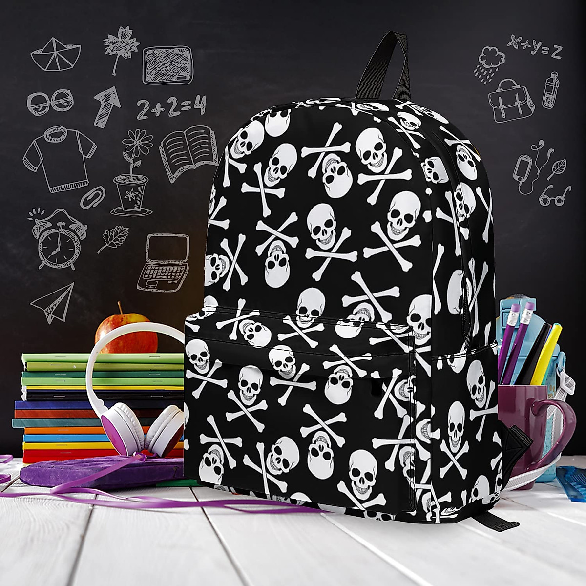 Ridzorgt Skull and Bones Backpack - Multi-Pocket Bookbag Travel Book Bags Casual Daypack Durable Lightweight Bag for Laptop