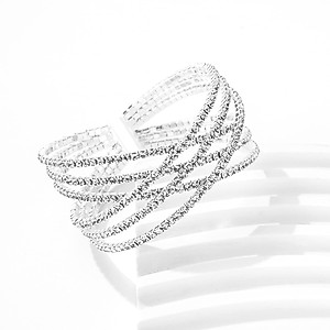 Ecesha Sparkly 6 Rows Cross Rhinestone Crystal Multilayer Arm Cuff Bangle Bracelet for Women Costume Jewelry Formal Wedding Party (Style A & Silver Plated)