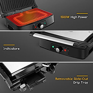 Aigostar Electric Panini Press, 1500W Stainless Steel Sandwich Maker with Adjustable Temperature Setting, Opens 180 Degree Indoor Grill with Non-stick Plates, Removable Drip Tray and Indicator Lights
