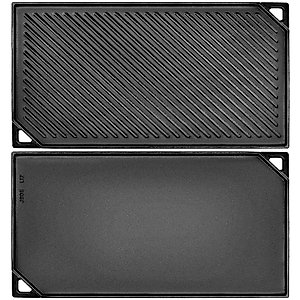 GGC Cast Iron Griddle, Reversible Flat Top Griddle for Gas Grills, Stove Tops, and Outdoor Cooking, 16.5 x 9.5 Baking Flat and Ribbed Griddle Plate for Family Cooking