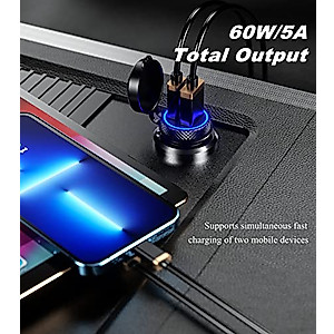 USB C Car Charger, VAZESWIN 60W 5A Mini Metal Super Fast Car Charger Adapter, QC3.0&PD Type C Dual Port Fast Charge USB Car Phone Charger with Blue LED Aperture and Protective Cover