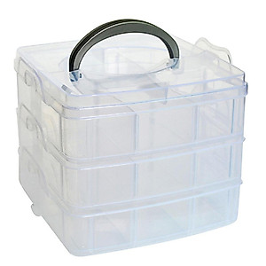 Kamay's 3-Tier Transparent Stackable Adjustable Compartment Slot Plastic Craft Storage Box Organizer Snap-lock Tray Container 3 Sizes 4 Candy Colors Available (Medium 18 Compartment, White)