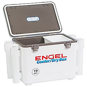 Engel UC19 19qt Leak-Proof, Air Tight, Fishing Drybox Cooler with Built-in Fishing Rod Holders, Also Makes The Perfect Small Hard Shell Lunchbox for Men and Women in White