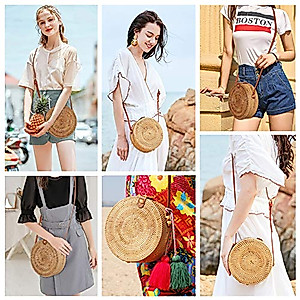 Handwoven Round Rattan Bag for Women Bali Ata Straw Bags Adjustable Shoulder Leather Straps