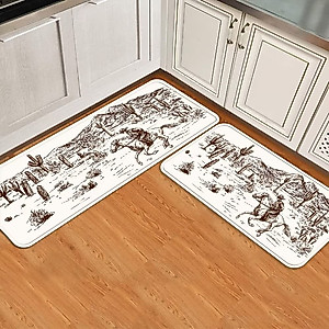 Kitchen Rug Set of 2 Western Country Theme of American Wild West Desert Cowboy Comfort Standing Mat Chef Floor Mats Washable Doormat Anti Fatigue Non-Slip Kitchen Runner Rugs Bedroom Area Carpet