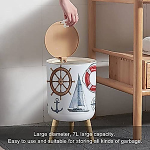 Trash Can with Lid Watercolor Hand Drawn Nautical Marine with Lighthouse Lifebuoy Anchor Press Cover Small Garbage Bin Round with Wooden Legs Waste Basket for Bathroom Kitchen Bedroom 7L/1.8 Gallon