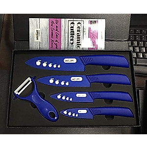Serrated Royal Blue Ceramic Knife Set with 5" Serrated Knife, Kitchen Knife Set - Includes 3”, 4”, 5”, 6” Ceramic Knives, Matching Sheaths and a Matching Vegetable Peeler in a Gift Box