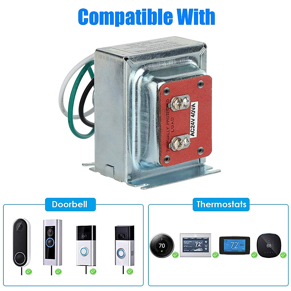 24V 40VA Thermostat and Doorbell Transformer, Power Transformer Compatible with Nest, and Honeywell, and Ecobee and Sensi Thermostat, Nest Hello and All Versions of Doorbells