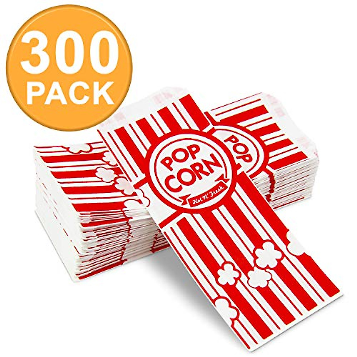 [300 Pack] Popcorn Bags 1 oz - Small Disposable Paper Popcorn Container, Red and Kraft Striped Leak Proof Flat Bottom for Movie Night Snacks, Concessions, Birthday Party, Circus Carnival Decorations