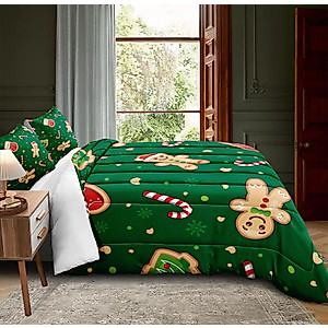 Herside Christmas Comforter Set Queen Size Bedding Set Xmas Snowflakes Gingerbread Man Design Cute Christmas Bedding Comforter Set for Boys Girls (Green,Queen)