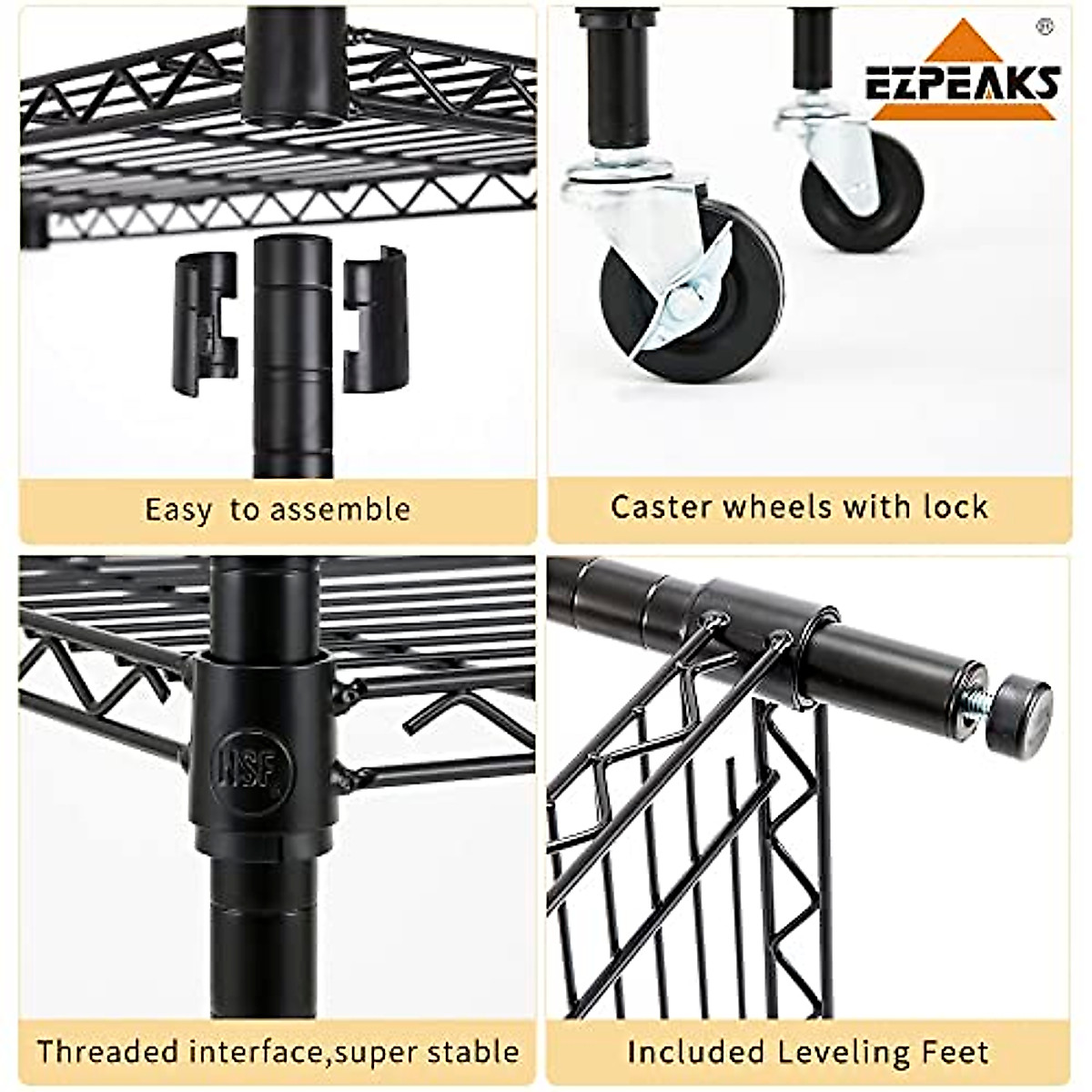 EZPEAKS 5-Shelf Shelving Units and Storage on 3'' Wheels with Shelf Liners Set of 5, NSF Certified, Adjustable Heavy Duty Carbon Steel Wire Shelving Unit (30W x 14D x 63.7H) Pole Diameter 1 Inch