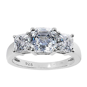 ORO LEONI 925 Sterling Silver Cubic Zirconia Asscher Cut 3 stones Band Ring. Size 7