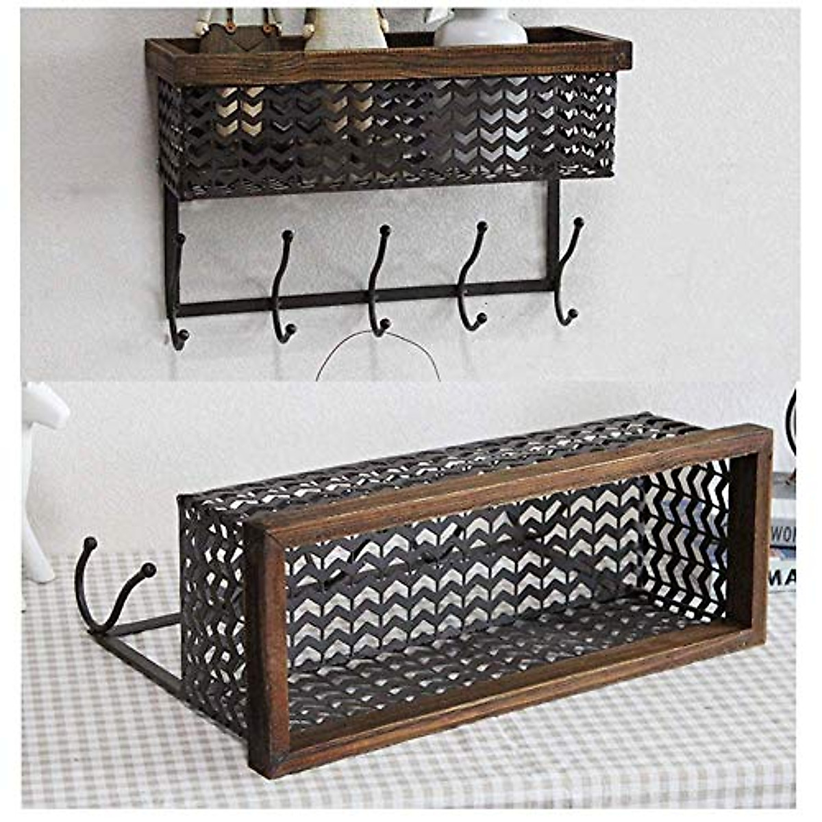 PIBM Stylish Simplicity Shelf Wall Mounted Floating Rack Shelves American Style Industrial Wind Iron Art Hook up Key Cafe Shop Storage,, 48.5x18x33cm