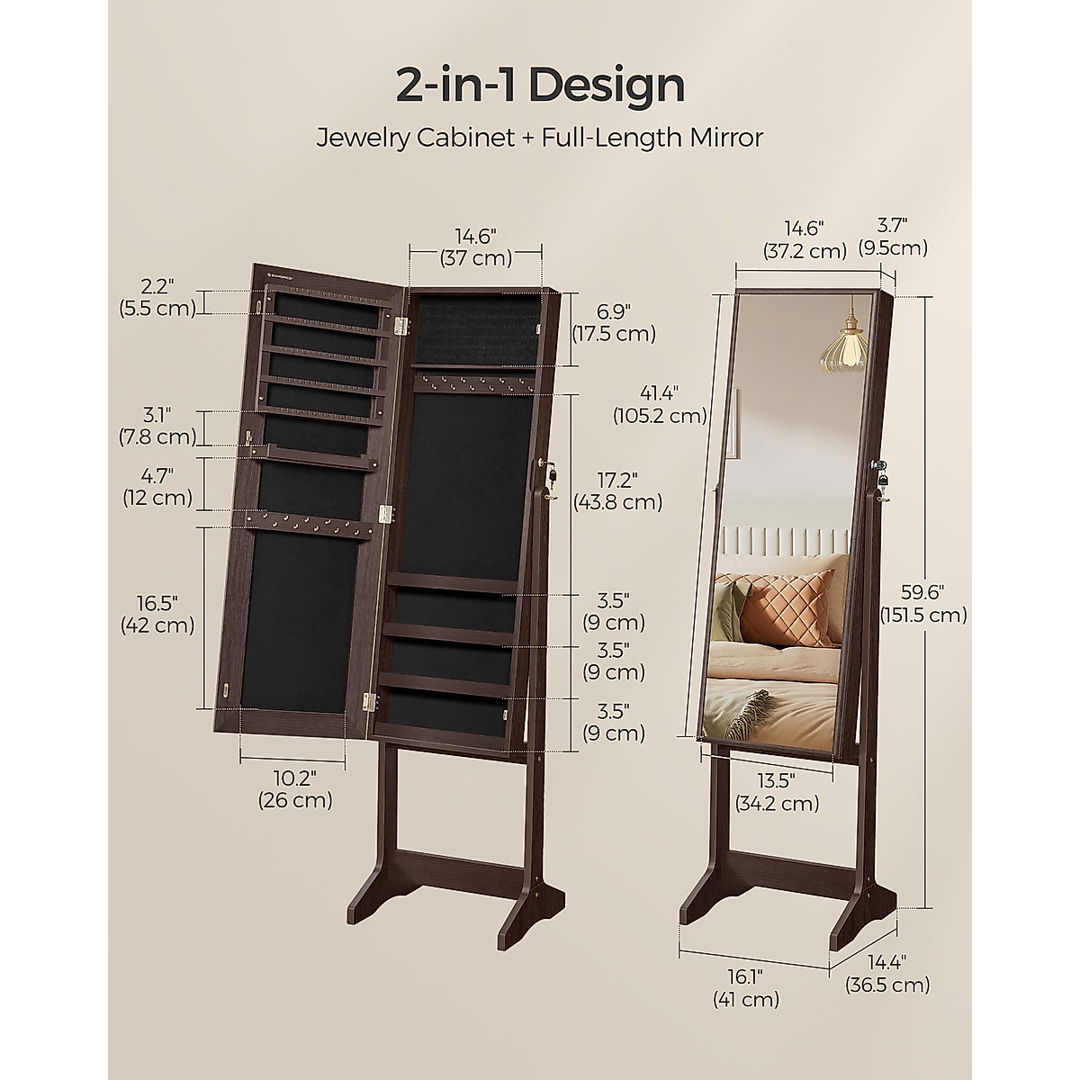 SONGMICS Mirror Jewelry Cabinet Armoire, Standing Full-Length Mirror, Lockable Jewelry Organizer, Gift Idea, Brown Surface and Black Lining UJJC69BR
