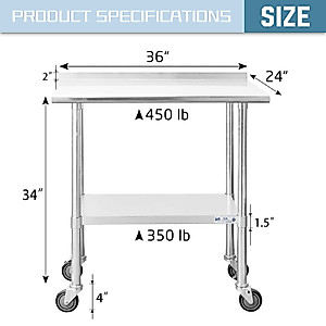 HALLY Stainless Steel Table for Prep & Work 24 x 36 Inches with Caster Wheels, NSF Commercial Heavy Duty Table with Undershelf and Backsplash for Restaurant, Home and Hotel