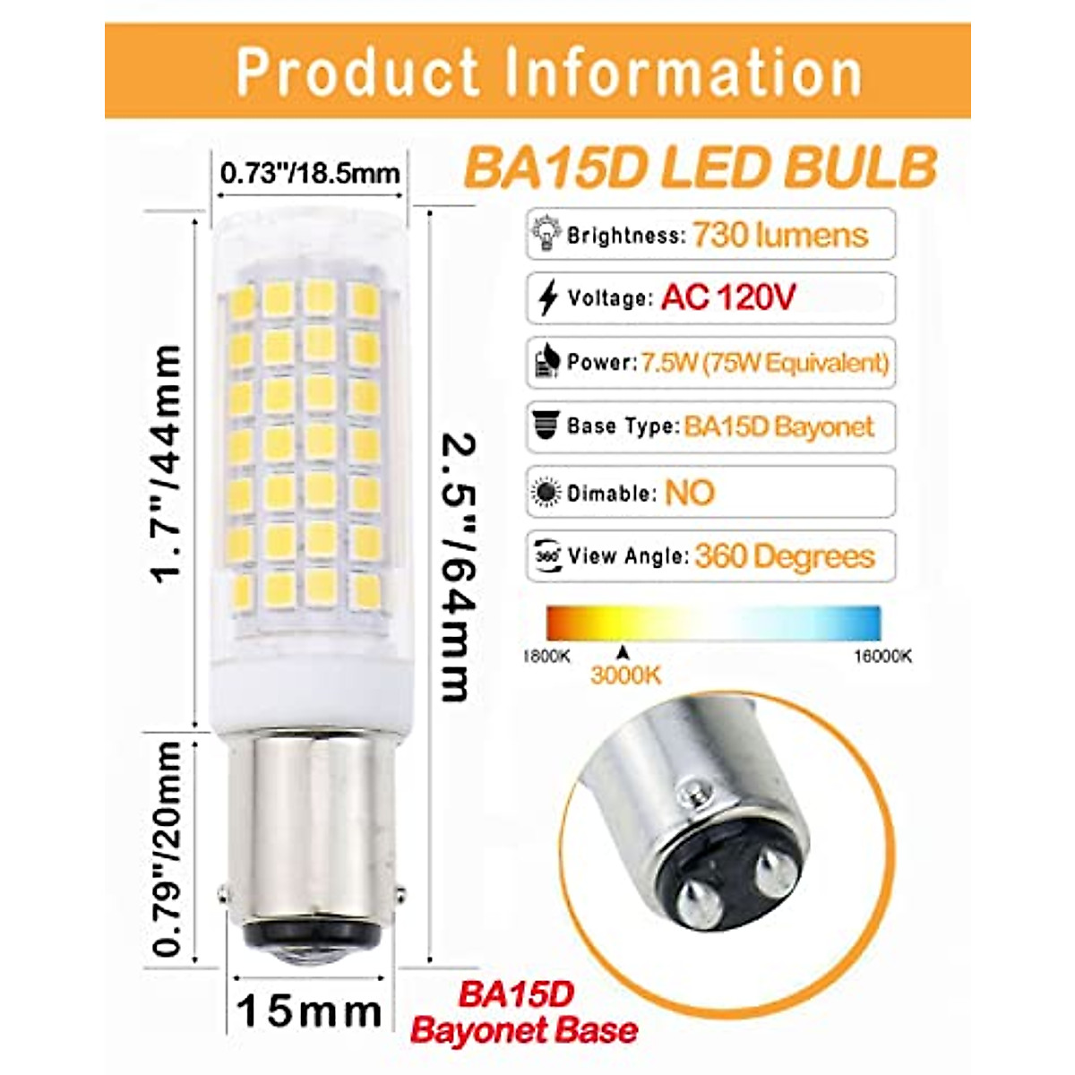 Lamsky Ba15d led Light Bulb 7.5W,B15 Double Contact Bayonet Base,120V Daylight White 6000K,75W 80W JD Type T3/T4 Halogen Bulb Replacement Bulb,Not Dimmable(2-Pack)
