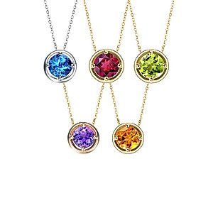 Carleen Solid 14K Yellow Gold Birthday Round Gemstone February Solitaire Amethyst Birthstone Necklace Pendant Delicate Dainty Fine Jewelry Anniversary Birthday Gift for Women Mom, 18 inch