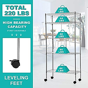 Metal Shelves 5-Tier Wire Shelving Unit 30" Lx 14" Wx 60" H Heavy Duty Storage Shelves with Casters Adjustable Layer Rack for Restaurant Garage Kitchen Laundry Pantry Storage Space-Saving, Chrome