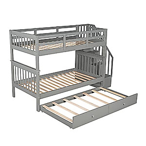 Twin Over Twin Bunk Bed with Trundle and Stairs, Solid Wood Bunk Beds Frame with Storage for Kids, Teens, Adults, Bedroom, Dorm. No Box Spring Needed (Gray)