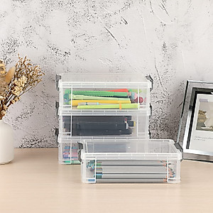 BTSKY 4 Pack Extra Large Capacity Plastic Pencil Box Stackable Translucent Clear Pencil Box Office Supplies Storage Organizer Box for Gel Pens Erasers Tape Pens Pencils Markers etc(Grey)