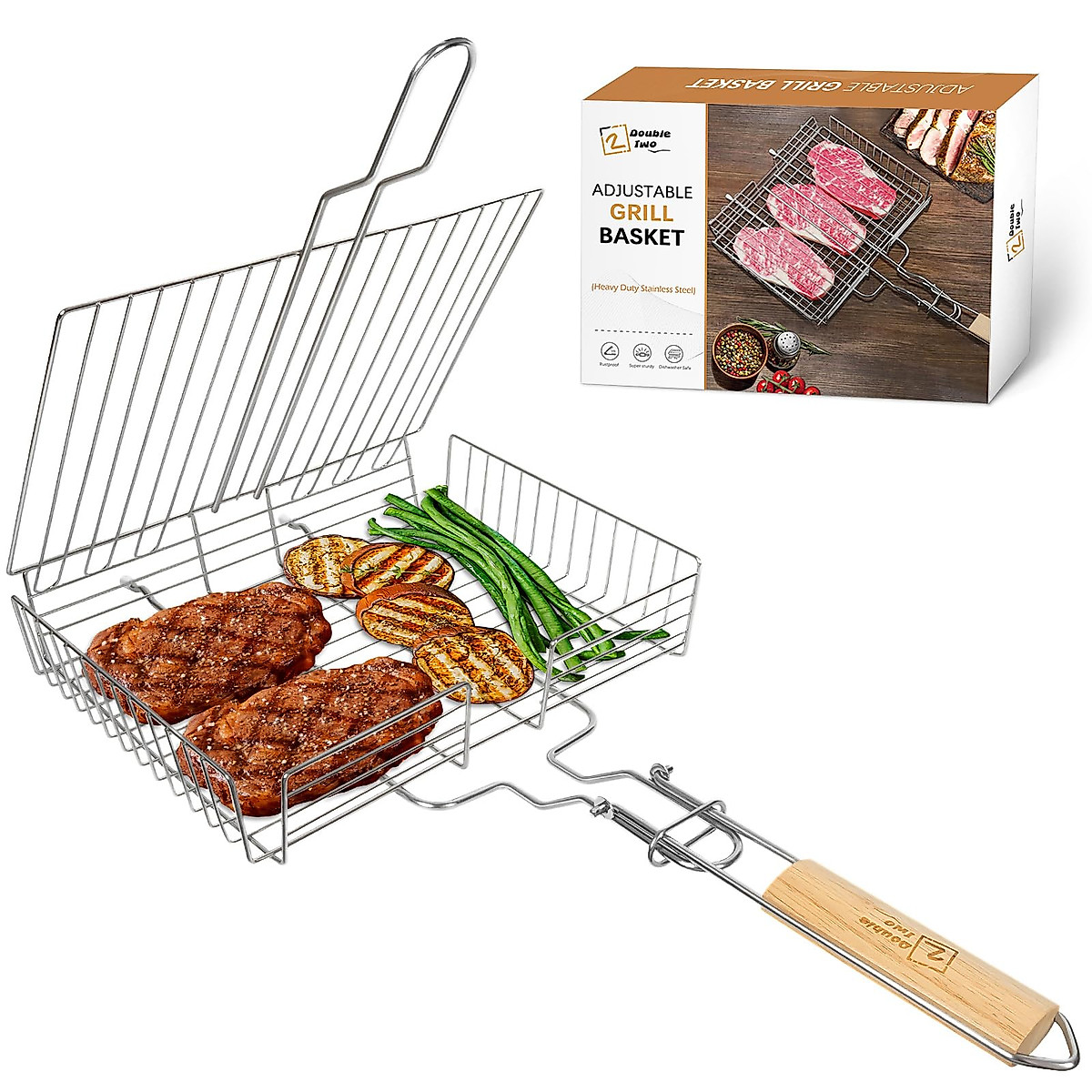 DOUBLE TWO - Stainless Steel Grill Basket, Grill Baskets for Outdoor Grill, Fish Grill Basket, for Meat Vegetable, Grilling Basket, BBQ Accessory, With Adjustable Cover & Detachable Handle, 1Pcs