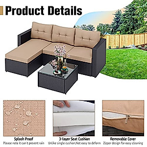 PHI VILLA Patio Sofa Set,3 Pieces All-Weather Upgrade Wicker Outdoor Sectional Sofa,L-Shaped Small Patio Conversation Furniture Set with Cushion and Coffee Table(Beige)