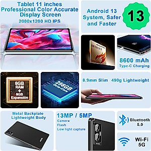 Tablet 11 Inch Android 13 Tablet PC Android Latest with 16GB+256GB+1TB Expand, 8600mAh, Support, Octa-Core 2.0 GHz, 5G WiFi, Dual Camera, Bluetooth 5.0, HD Screen Tablet with Keyboard Mouse - Black