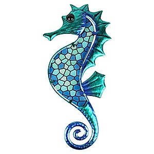 HONGLAND Metal Seahorse Wall Art Blue Mosaic Glass Wall Decor Sculpture Hanging Ocean Decorations for Home, Garden, Fence,Livingroom, Indoor, Outdoor