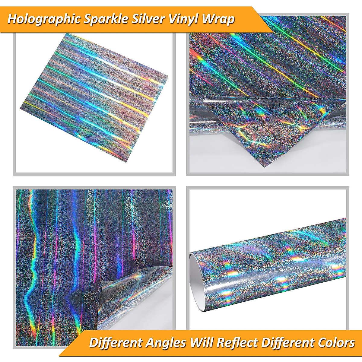 AuMoHall Holographic Sparkle Silver Car Vinyl Wrap Glitter Light Beam Glossy Colorful Chameleon Car Vinyl Wrap with Air Release Technology, 59.84'' x 11.81''
