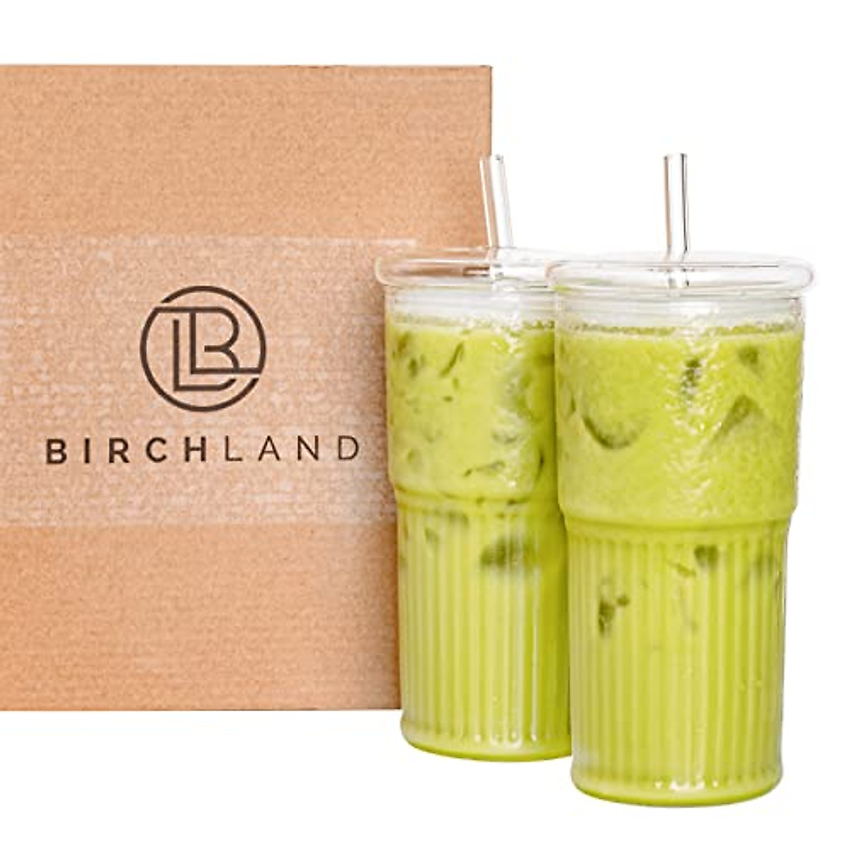 All Glass Iced Coffee Cup with Lid and Straw, Glass Tumbler Set of 2 (18 oz)