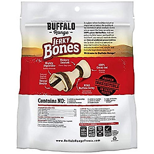 Buffalo Range Rawhide Dog Treats | Healthy, Grass-Fed Buffalo Jerky Raw Hide Chews | Hickory Smoked Flavor | Jerky Bone, 6 Count