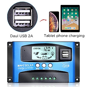 iSunergy MPPT Solar Charge Controller 100A 12V/24V Auto Solar Panel Intelligent Regulator with Dual USB Port LCD Display for Lead Acid Batteries