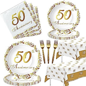 APOWBLS 50th Anniversary Decorations And Supplies Tableware - Golden 50th Wedding Anniversary Decorations, Plate, Napkin, Tablecloth, Fork, 50 Year Anniversary Party Supplies Decorations | Serve 24